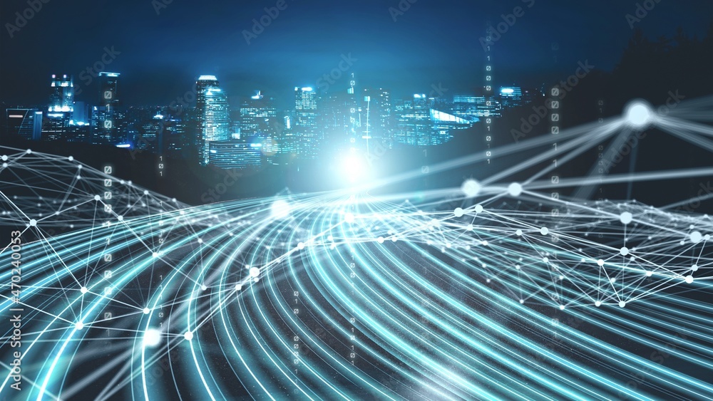 Foto de Digital data flow on road in concept of cyber global ...