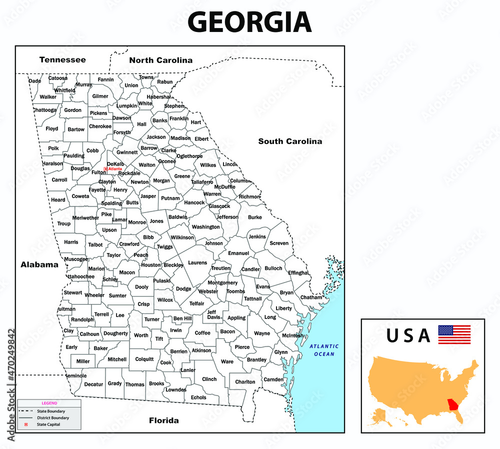 Georgia Map. Political map of Georgia with boundaries in white color ...