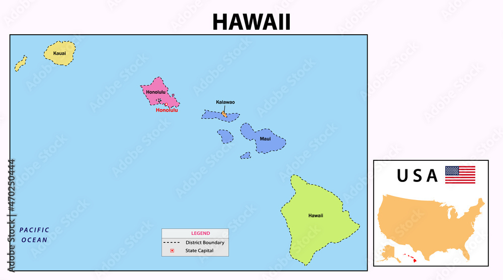Hawaii Map. State and district map of Hawaii. Political map of Hawaii ...