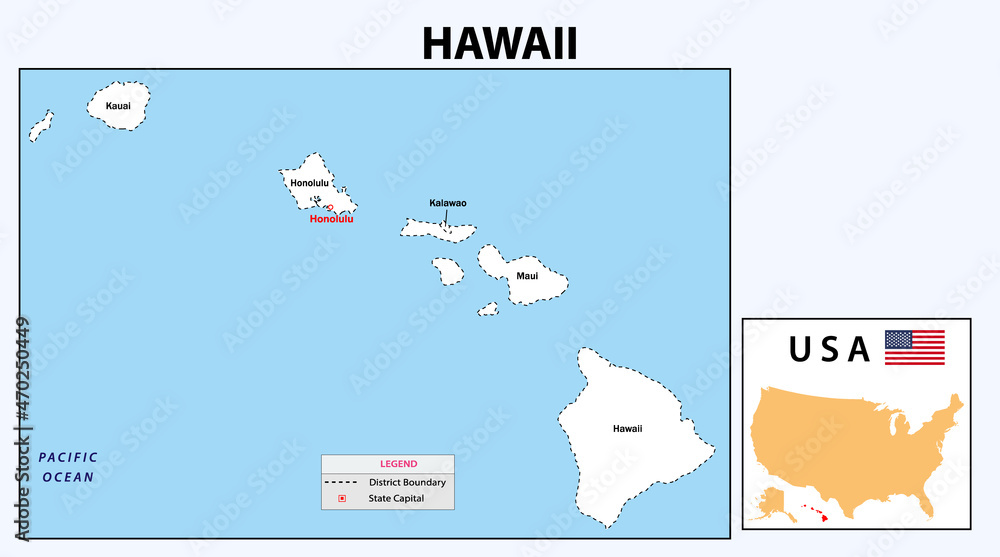 Hawaii Map. Political map of Hawaii with boundaries in white color ...