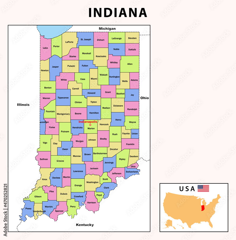 Indiana Map. Political map of Indiana with boundaries. Stock ...