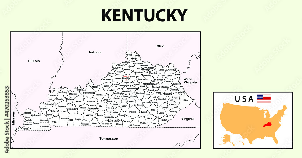 Kentucky Map. Political map of Kentucky with boundaries in white color ...