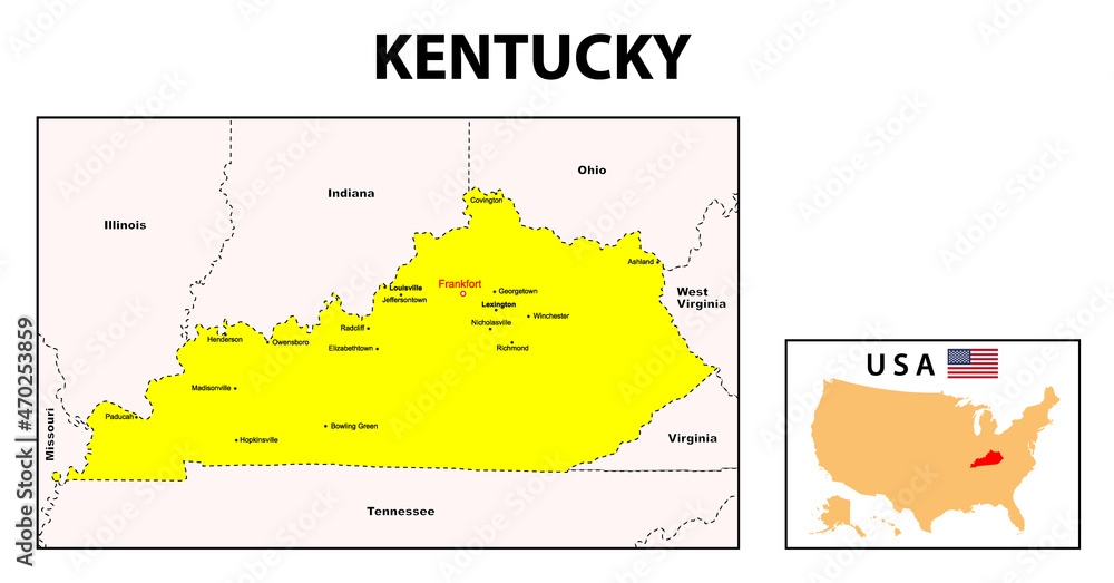 Kentucky Map. State and district map of Kentucky. Administrative and ...