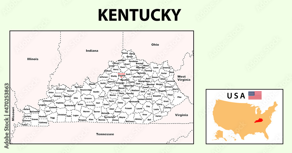Kentucky Map. Political map of Kentucky with boundaries in white color ...