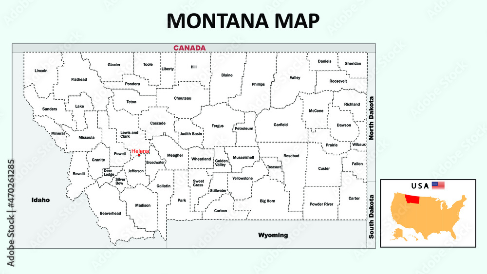 Montana Map. Political map of Montana with boundaries in white color ...