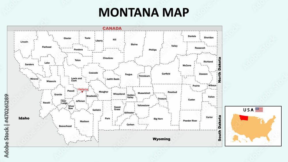 Montana Map. Political map of Montana with boundaries in white color ...