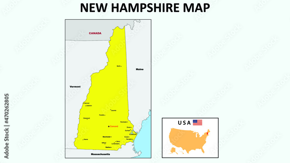 New Hampshire Map. State and district map of New Hampshire. Political ...