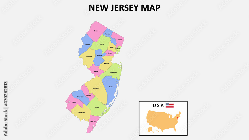 New Jersey Map. District map of New Jersey. District map of New Jersey in color with capital ...