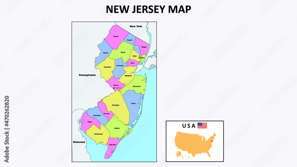 New Jersey Map. State and district map of New Jersey. Political map of ...