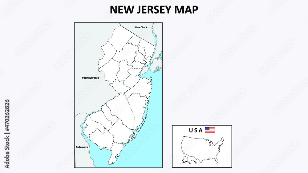 New Jersey Map. Political map of New Jersey with boundaries in Outline ...