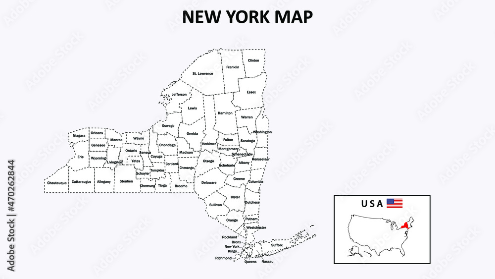New York Map. State and district map of New York. Administrative map of ...