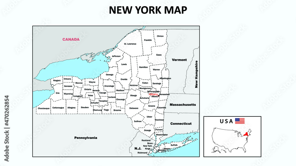 Vecteur Stock New York Map. Political map of New York with boundaries ...