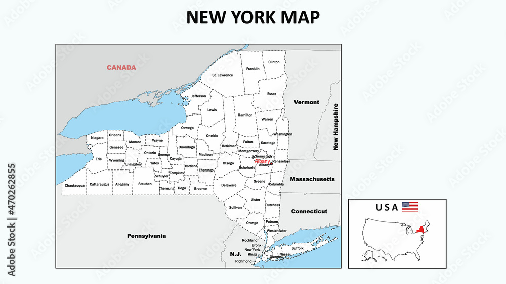 New York Map. Political map of New York with boundaries in white color ...