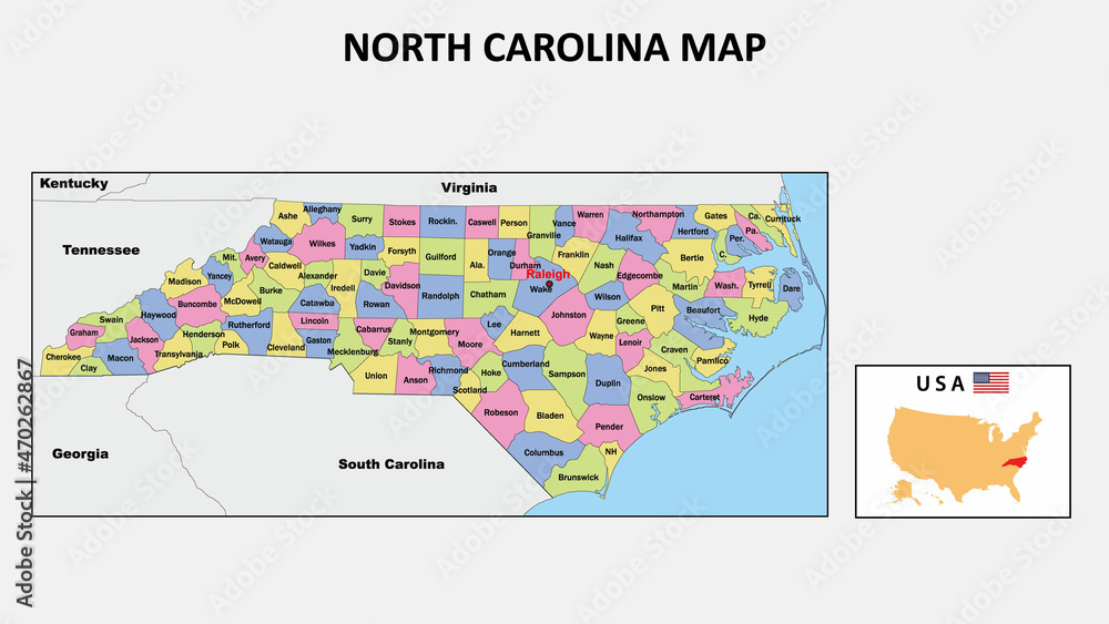 North Carolina Map. State and district map of North Carolina. Political ...