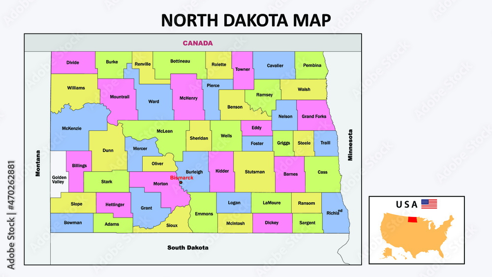 Fototapeta mapa świata dla dzieci North Dakota Map. State and district ...