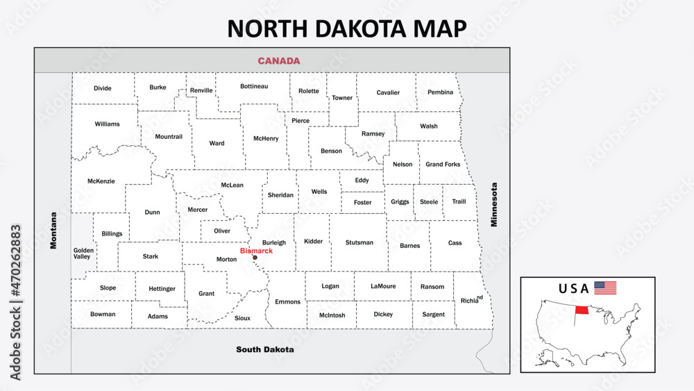 North Dakota Map. Political map of North Dakota with boundaries in ...