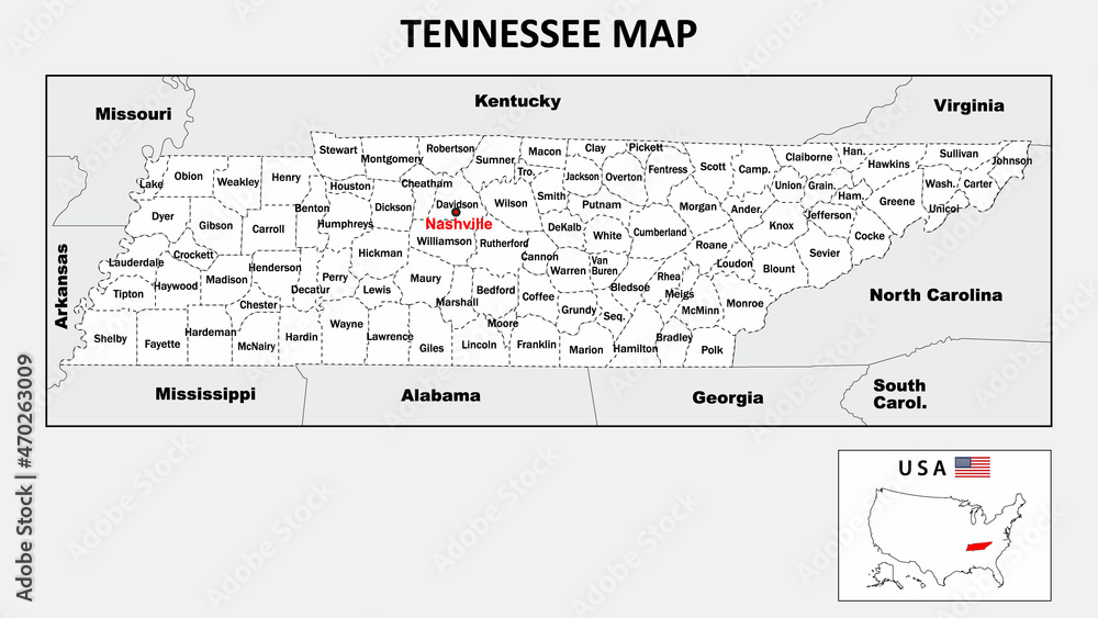 Tennessee Map. Political map of Tennessee with boundaries in white ...