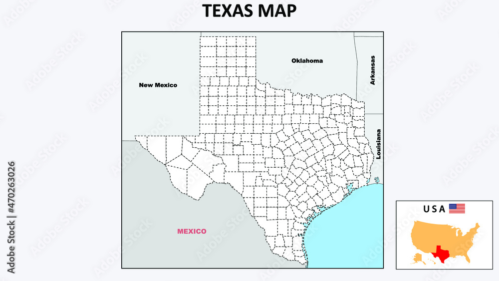 Texas Map. Political map of Texas with boundaries in Outline. Stock ...