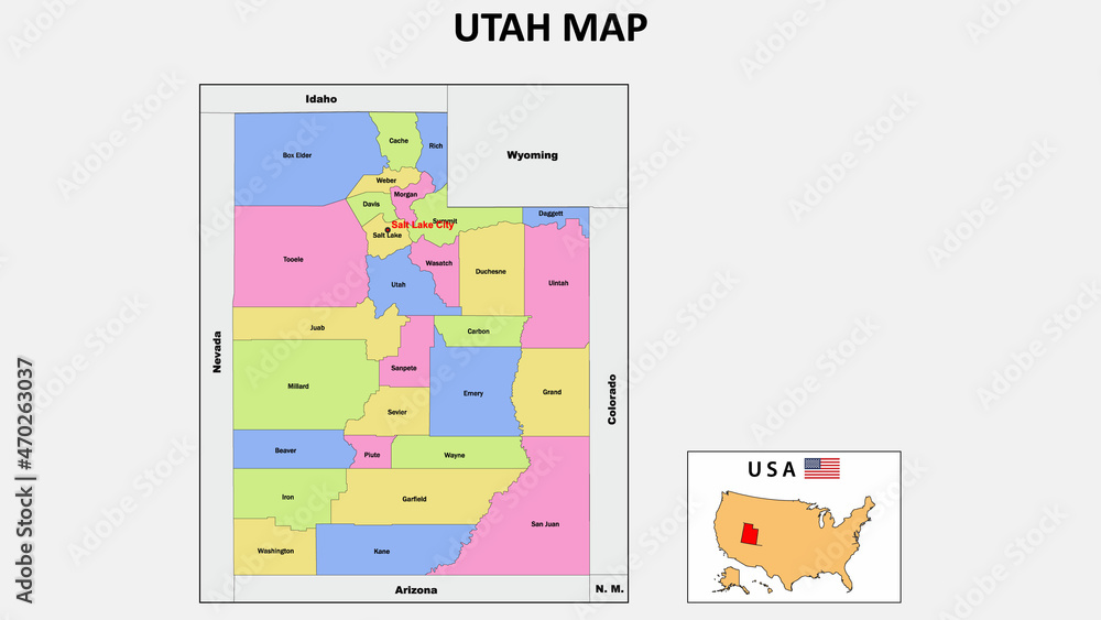 Utah Map. State and district map of Utah. Political map of Utah with ...