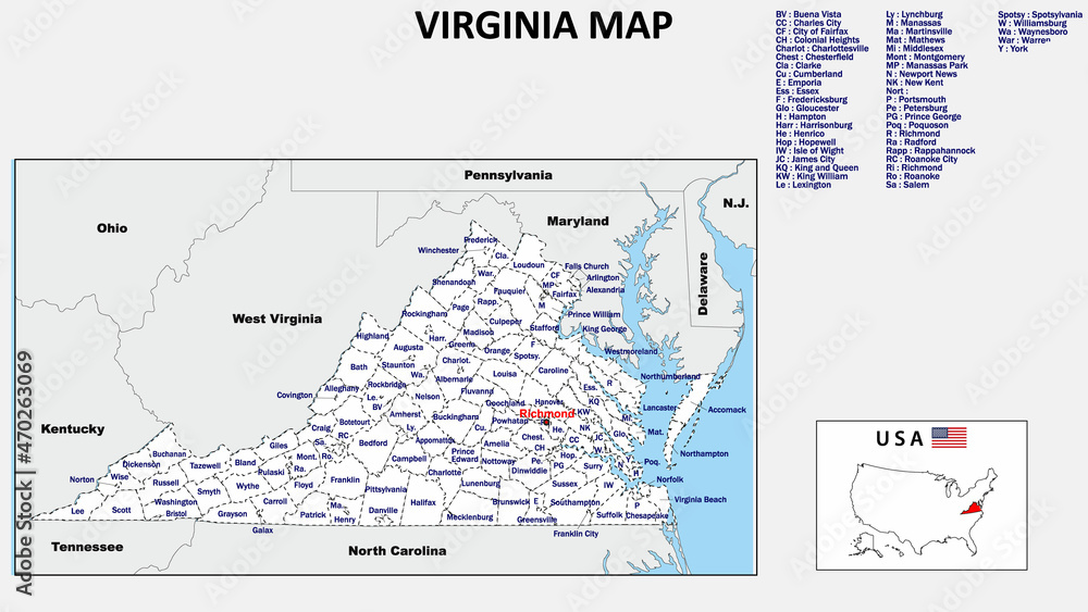 Virginia Map. Political map of Virginia with boundaries in white color ...