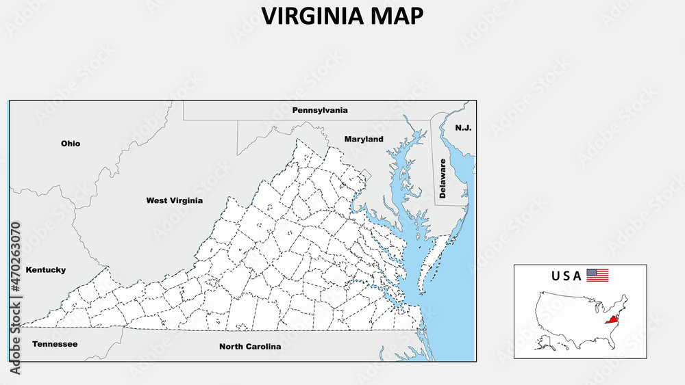 Virginia Map. Political map of Virginia with boundaries in Outline ...