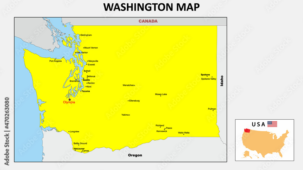 Washington Map. State and district map of Washington. Political map of ...