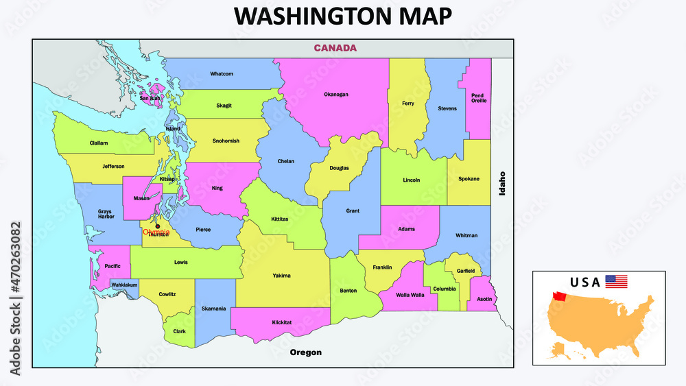 Washington Map. State and district map of Washington. Political map of ...