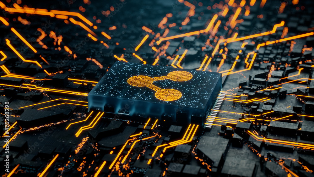 Network Technology Concept with share symbol on a Microchip. Data flows ...