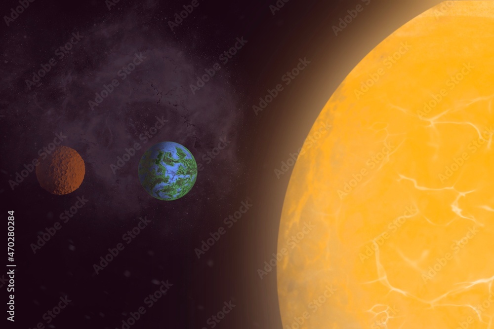 Sun, Earth and Mars in Space, illustration with planets and stars ...