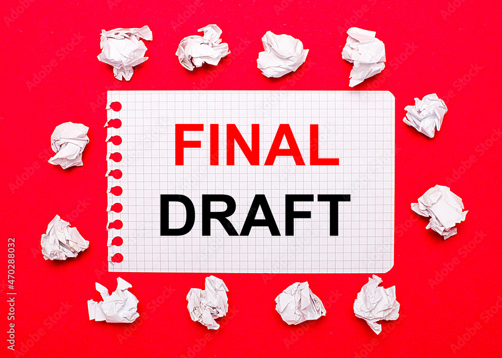 On a bright red background, white crumpled sheets of paper and a sheet ...
