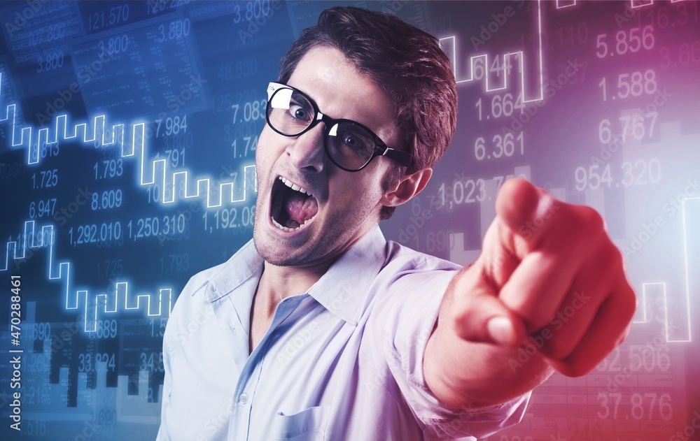 Young caucasian man, guy over dark blue background with the trading ...