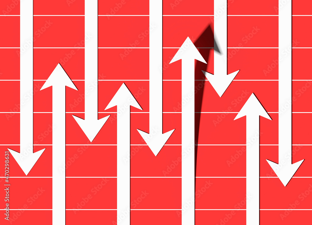 Many white arrows pointing upwards and downwards with single one ...
