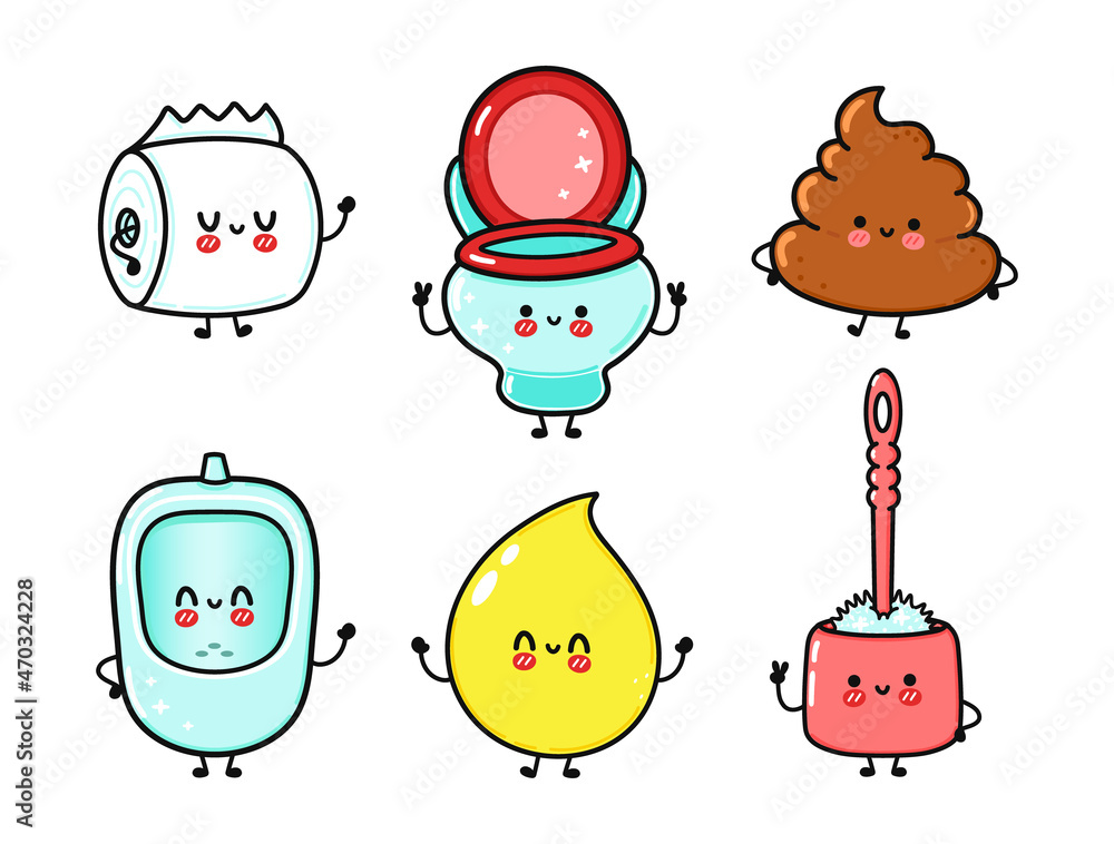 Cute, funny happy toilet paper, toilet, turd, urinal, drop of urine ...