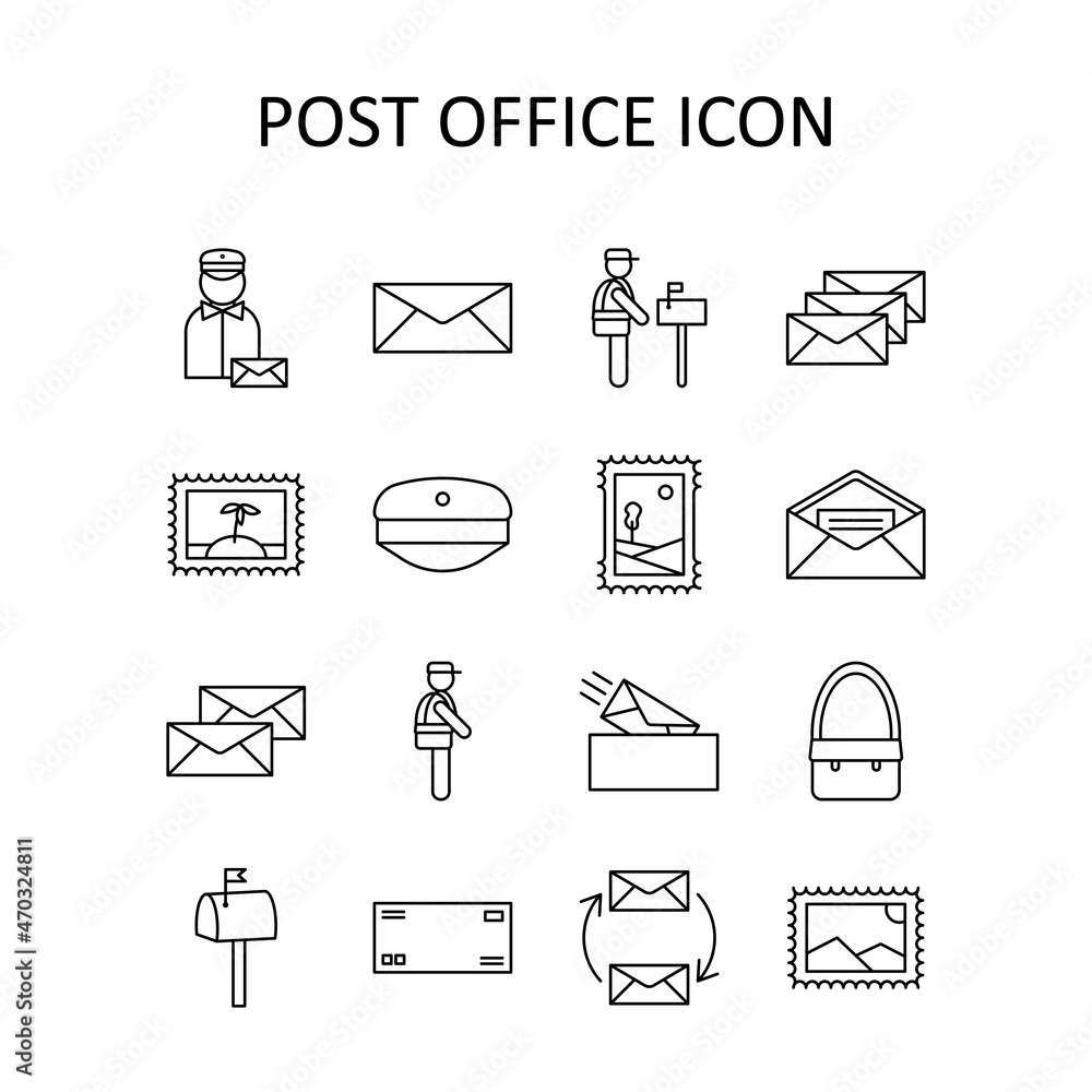 Vector illustration with post office icons - postman; envelope; stamp ...