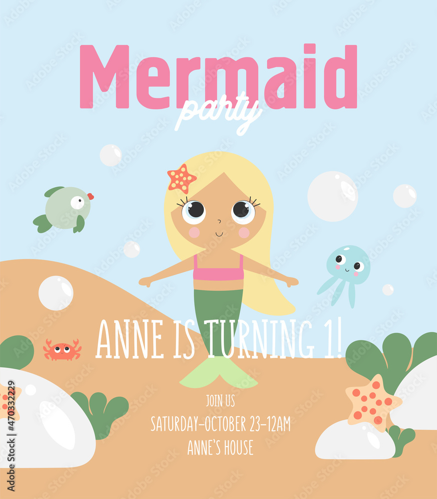 Mermaid Party Invitation Card Template, Birthday Party in Mermaid Style ...