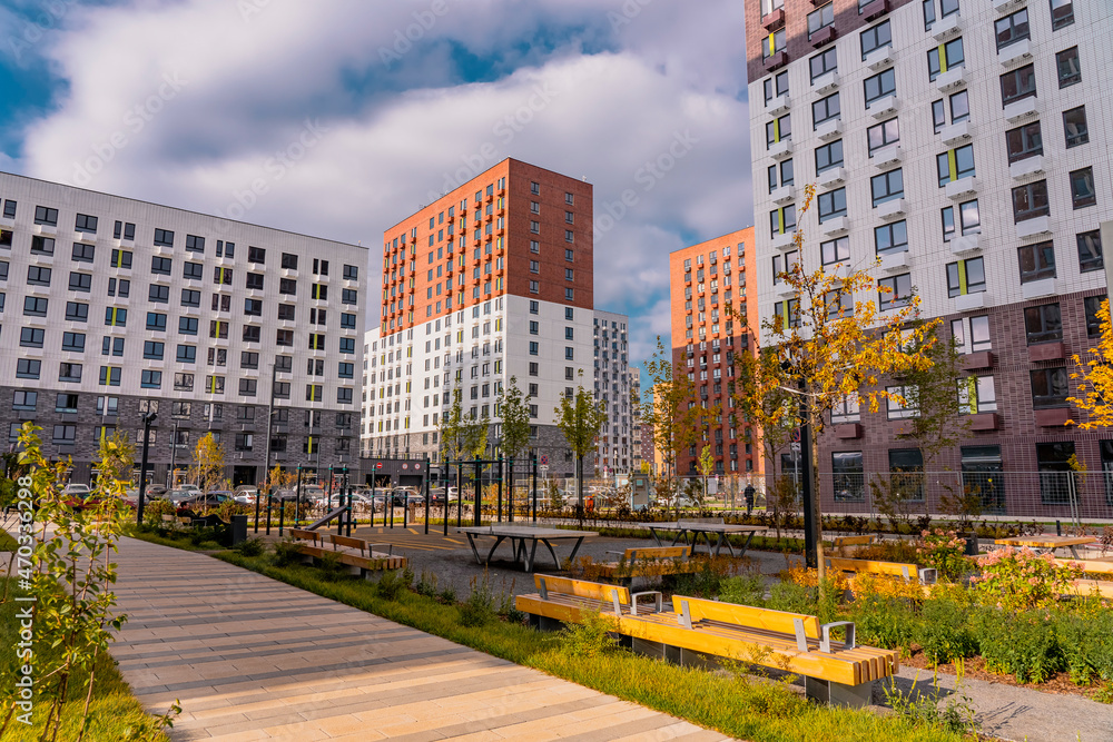 Moscow, Russia - 04.10.2021: Beautiful multi colorful building of new ...
