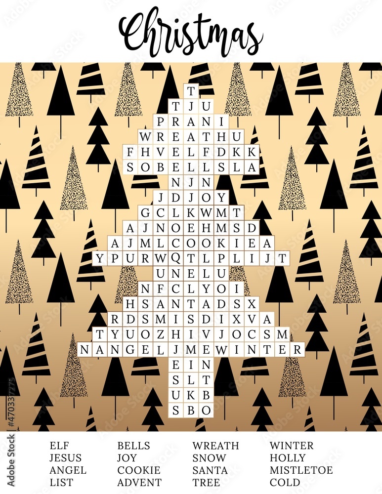 Christmas word search puzzle on the gold background with simple black ...