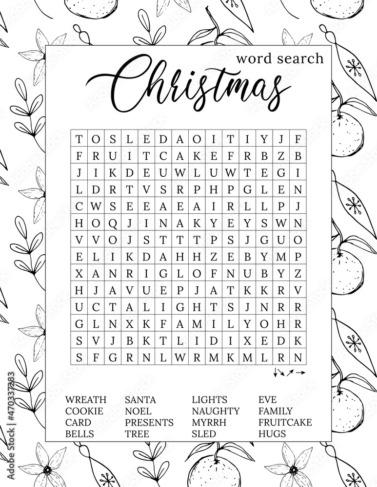 Black and white Christmas word search puzzle. Holiday party game card ...