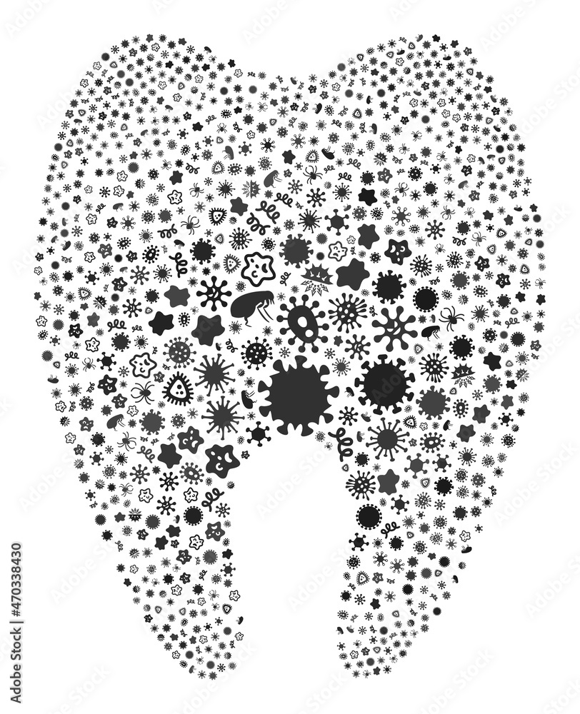 Vector virus tooth icon collage of pandemic items. Tooth collage is ...