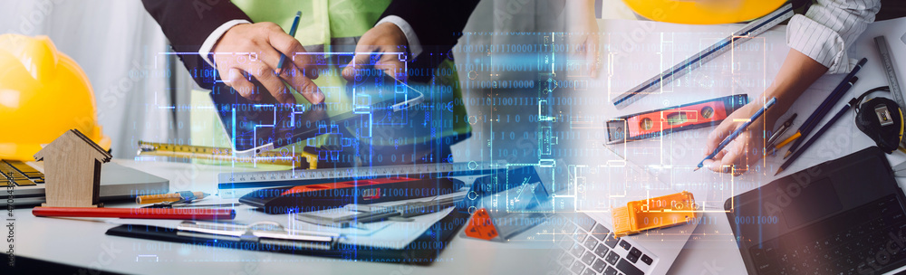 Close up hand of civil engineer or architect business useing calculator ...