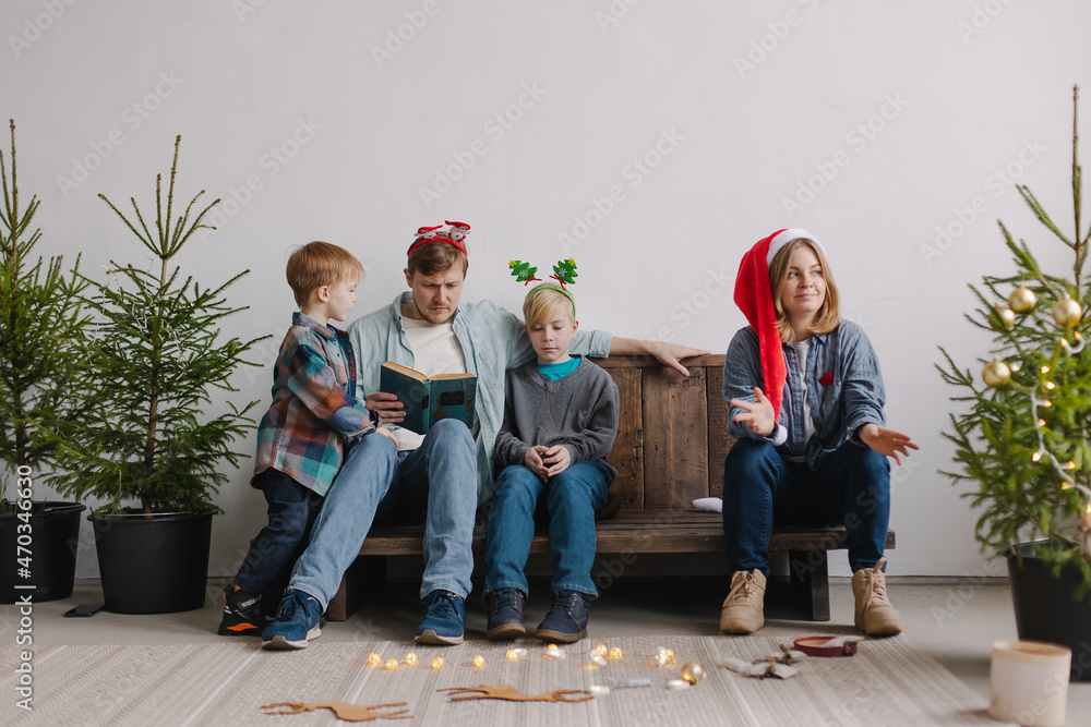 Typical modern European family celebrates Christmas at home. White ...