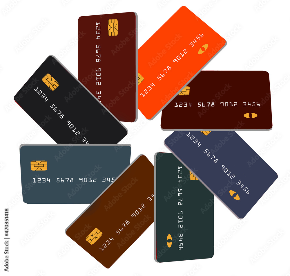 Credit cards, eight of them are arranged in a circular formation in a 3 ...