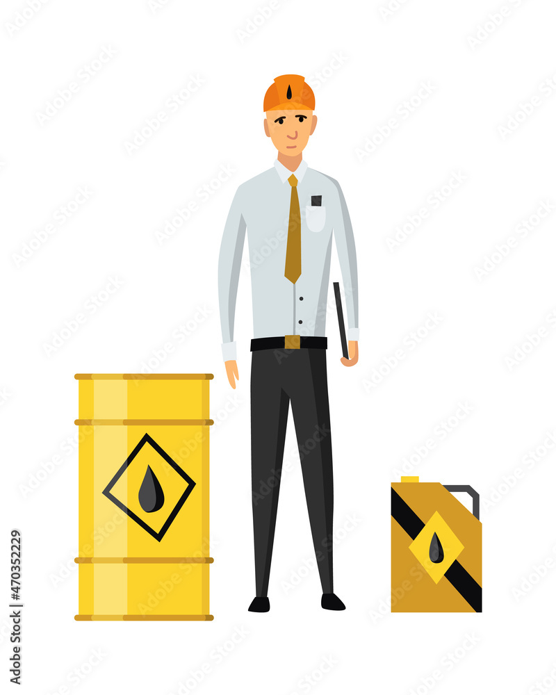 Oil petroleum industry. Engineer or oilman with canister and barrel ...