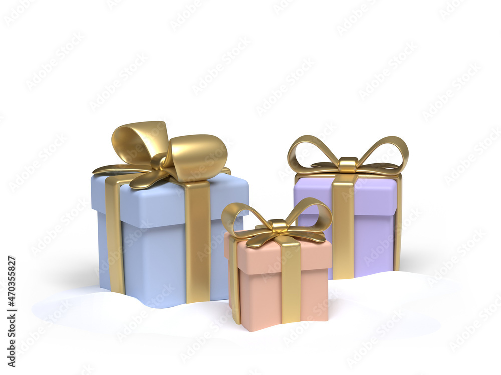 Cartoon style gift boxes on a snow. Clipping path. 3D image Stock ...