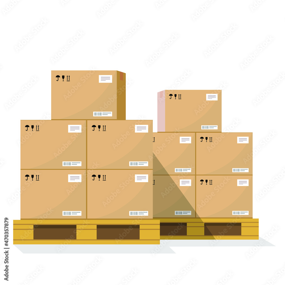 Boxes on wooded pallet illustration, flat style warehouse cardboard parcel boxes stack front ...
