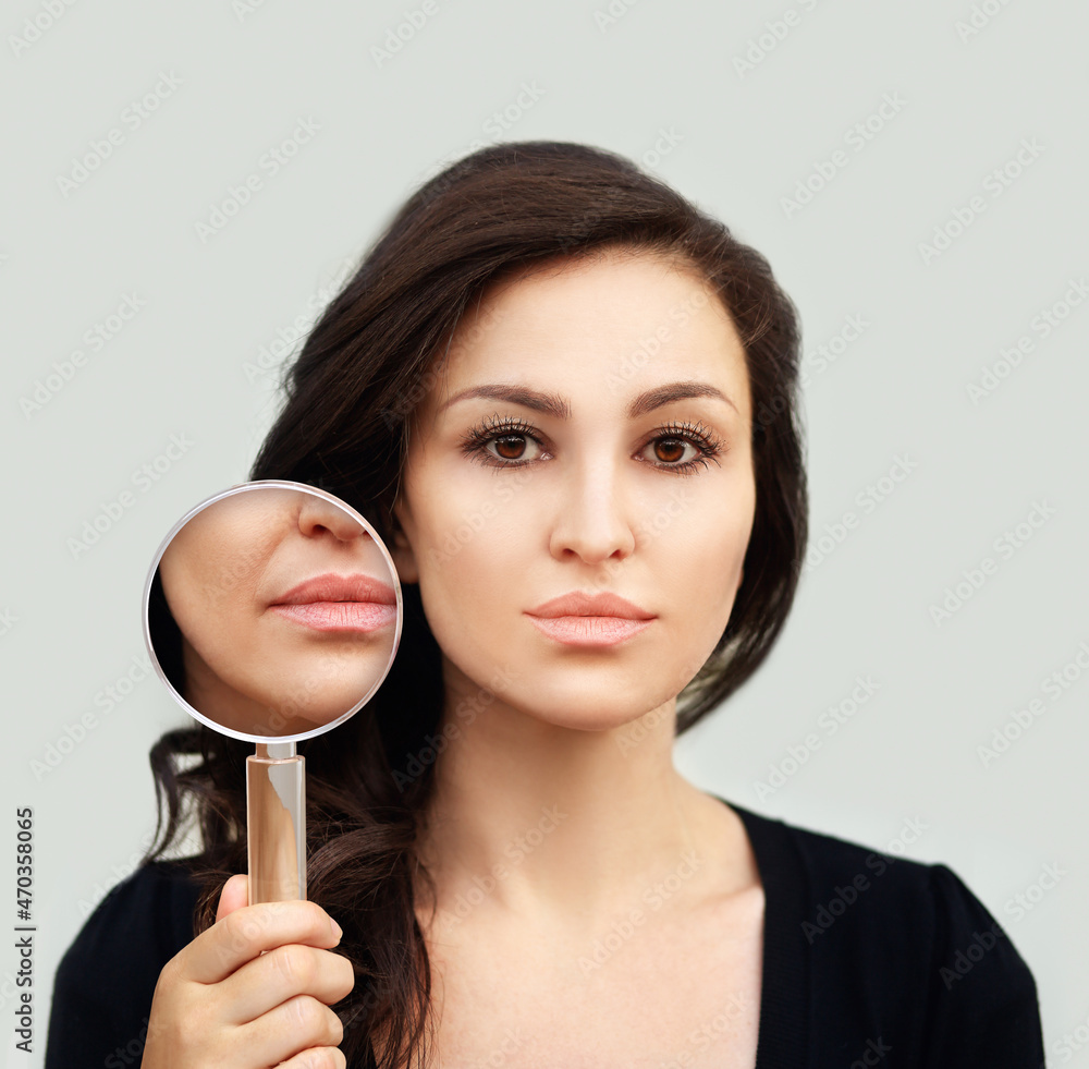Aging. Mature woman-young woman.Face with skin problem.Showing photos ...