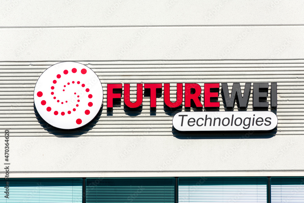 Futurewei sign, logo on facade of research and development campus of Futurewei Technologies ...