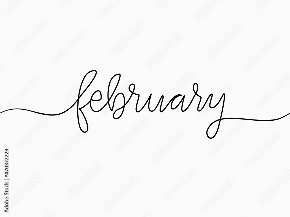 simple black February text calligraphic lettering continuous lines ...