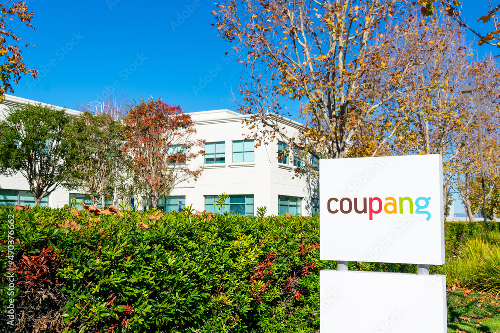 Coupang sign, logo at company headquarters in Silicon Valley. Coupang ...