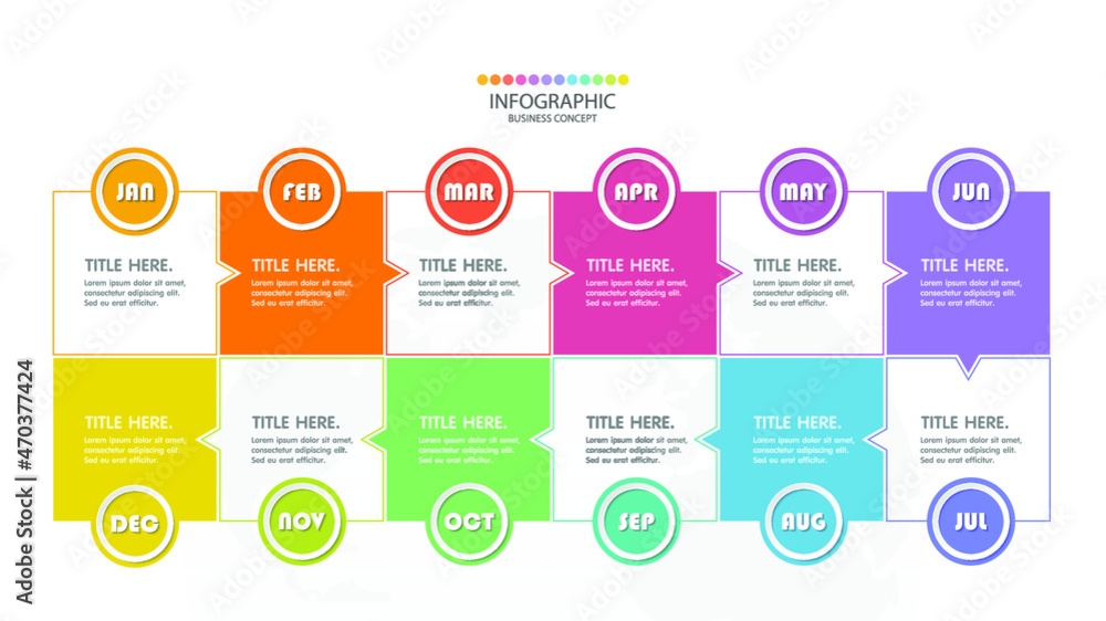 Timeline infographic with month or 12 steps, process or options ...